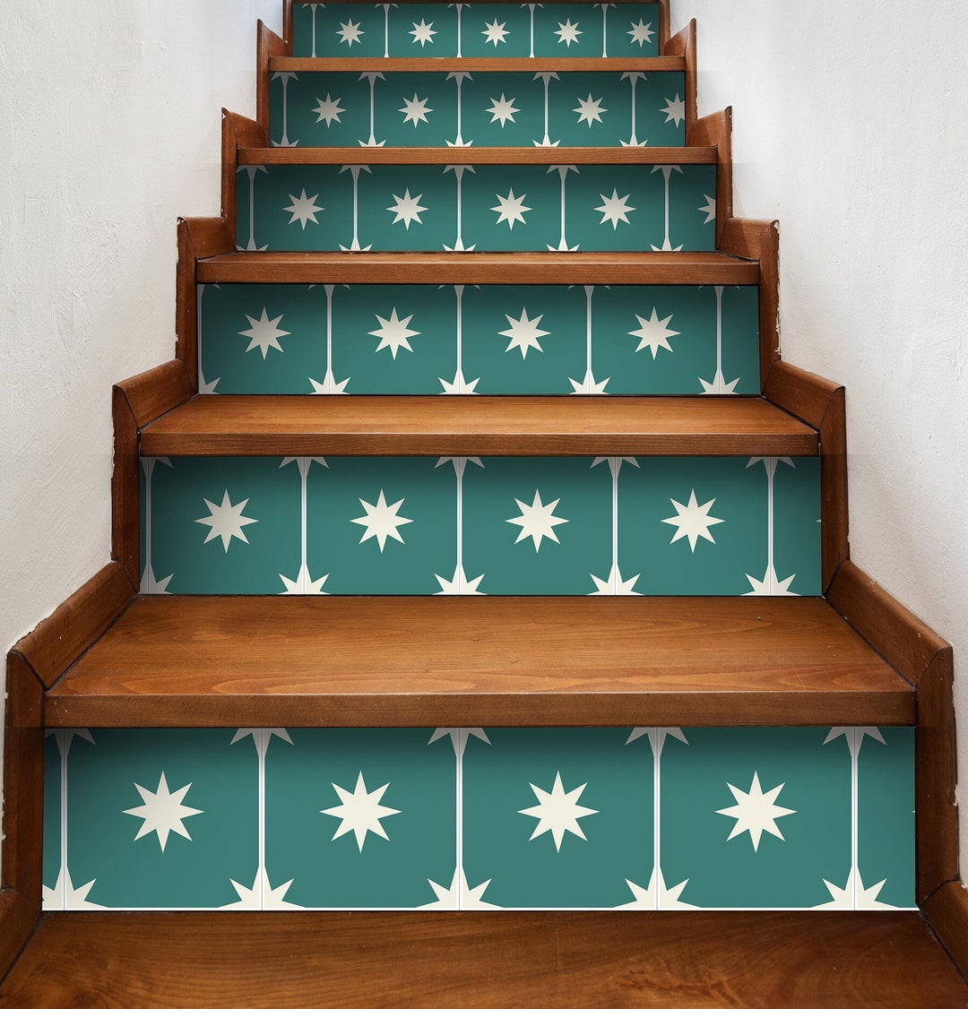 Turquoise Starry Moroccan Stair Tiles Green Decal Minimalistic ...