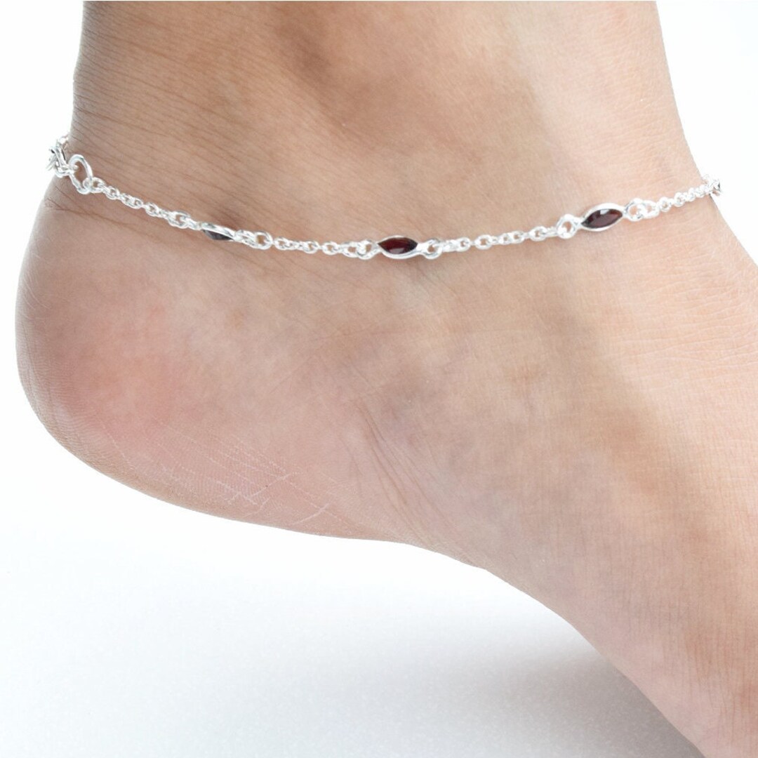 Cut Red Garnet Anklet 925 Sterling Silver Faceted Gemstone Adjustable ...