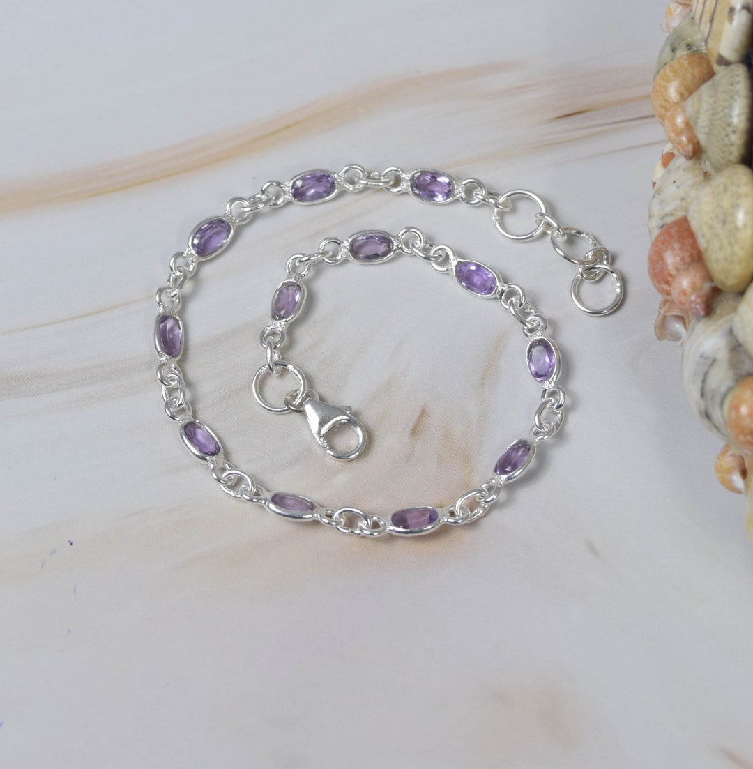 Cut Purple Amethyst 925 Sterling Silver Oval Gemstone Adjustable Bracelet ~ February Birthstone ...