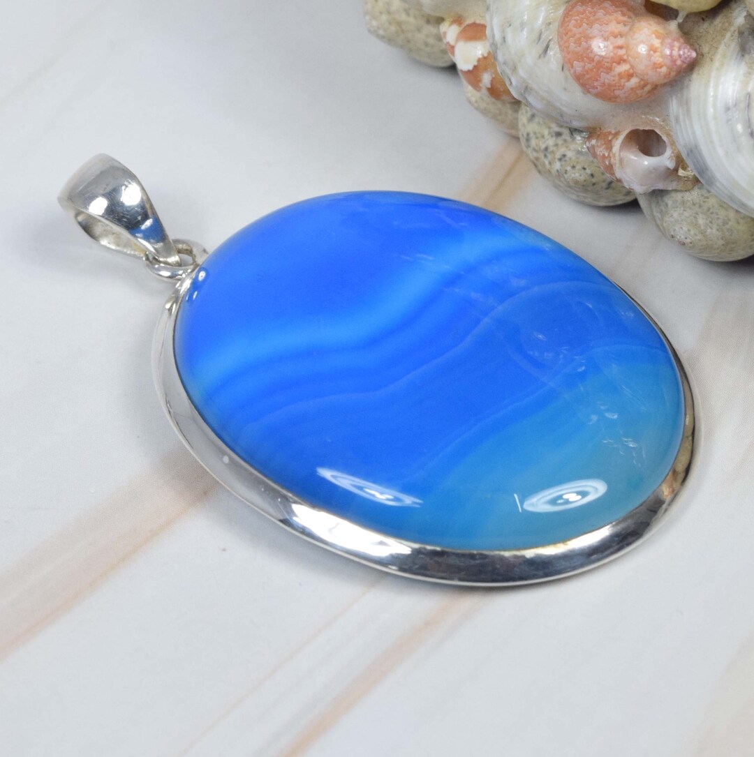 Blue Botswana Agate 925 Sterling Silver Blue Gemstone Pendant, Elegant ...