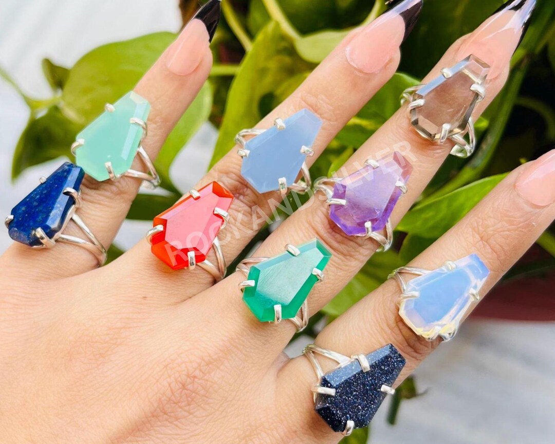 925 Sterling Silver Coffin Ring: Natural Amethyst, Carnelian, Onyx Boho ...