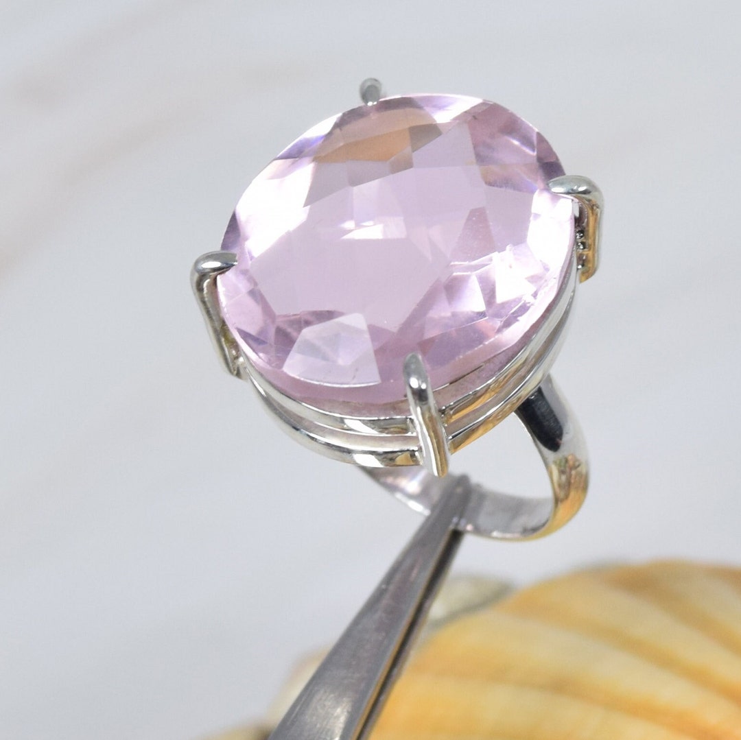 Cut Pink Rose Quartz 925 Sterling Silver Gemstone Ring January Month ...
