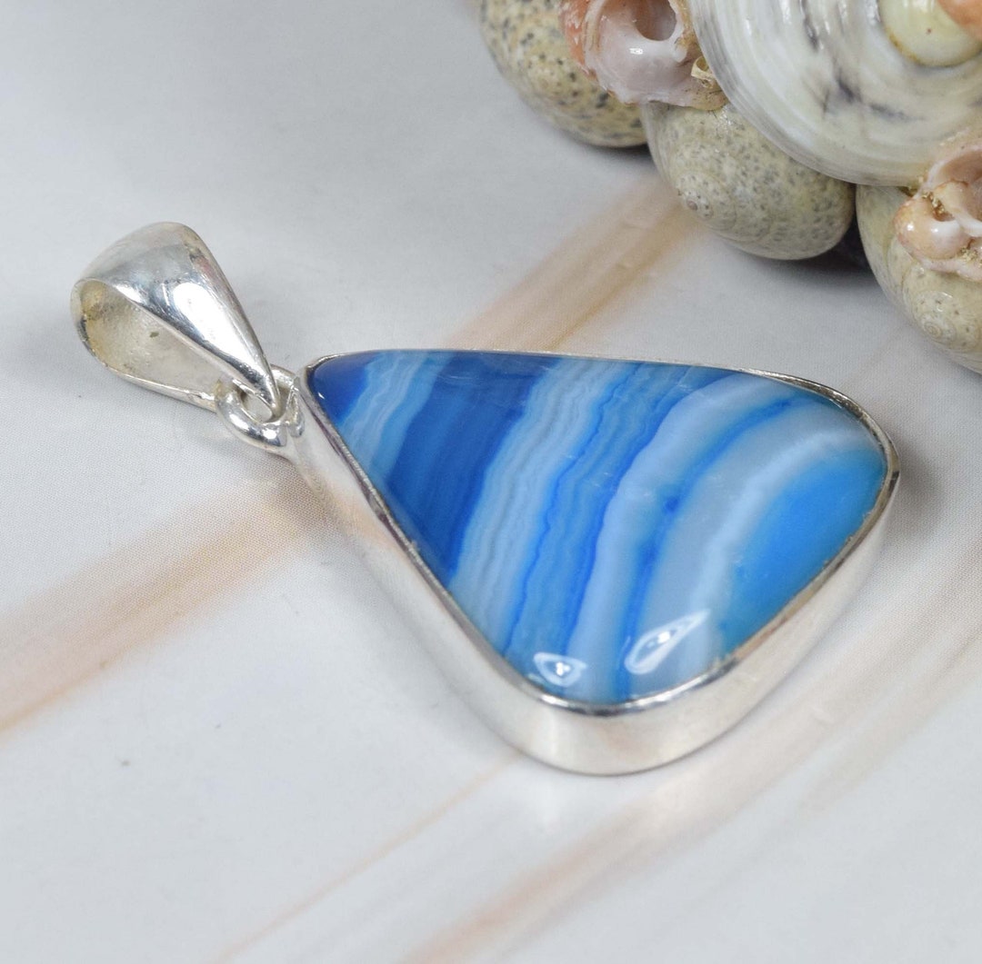 Blue Botswana Agate 925 Sterling Silver Blue Gemstone Pendant, Elegant ...