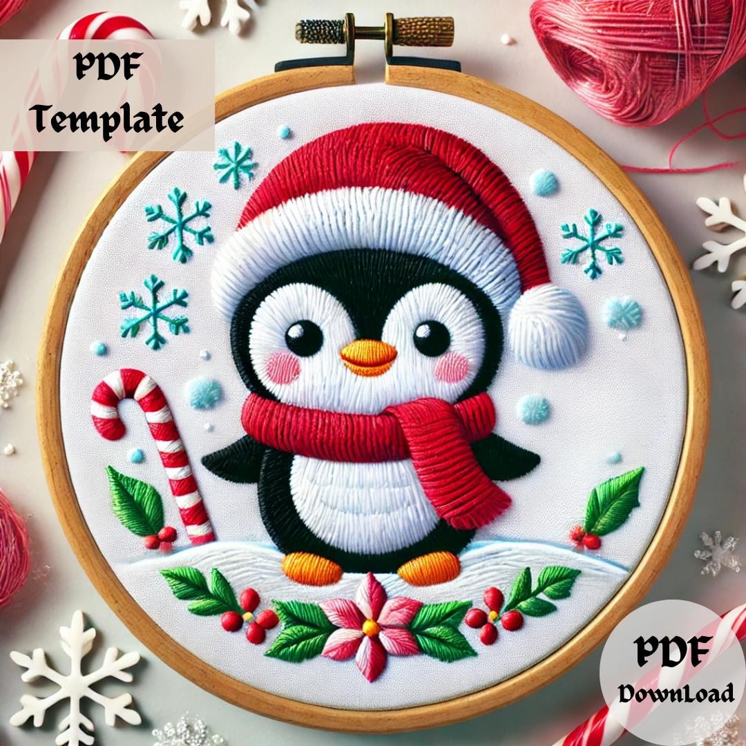 Cute Penguin Hand Embroidery Pattern, Christmas Beginner Embroidery ...