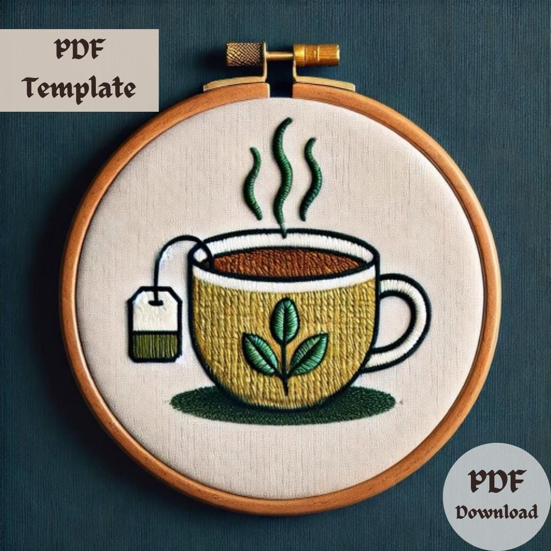 Tea Cup Embroidery Pattern, Herbal Tea Stitching PDF, Hand Embroidery ...
