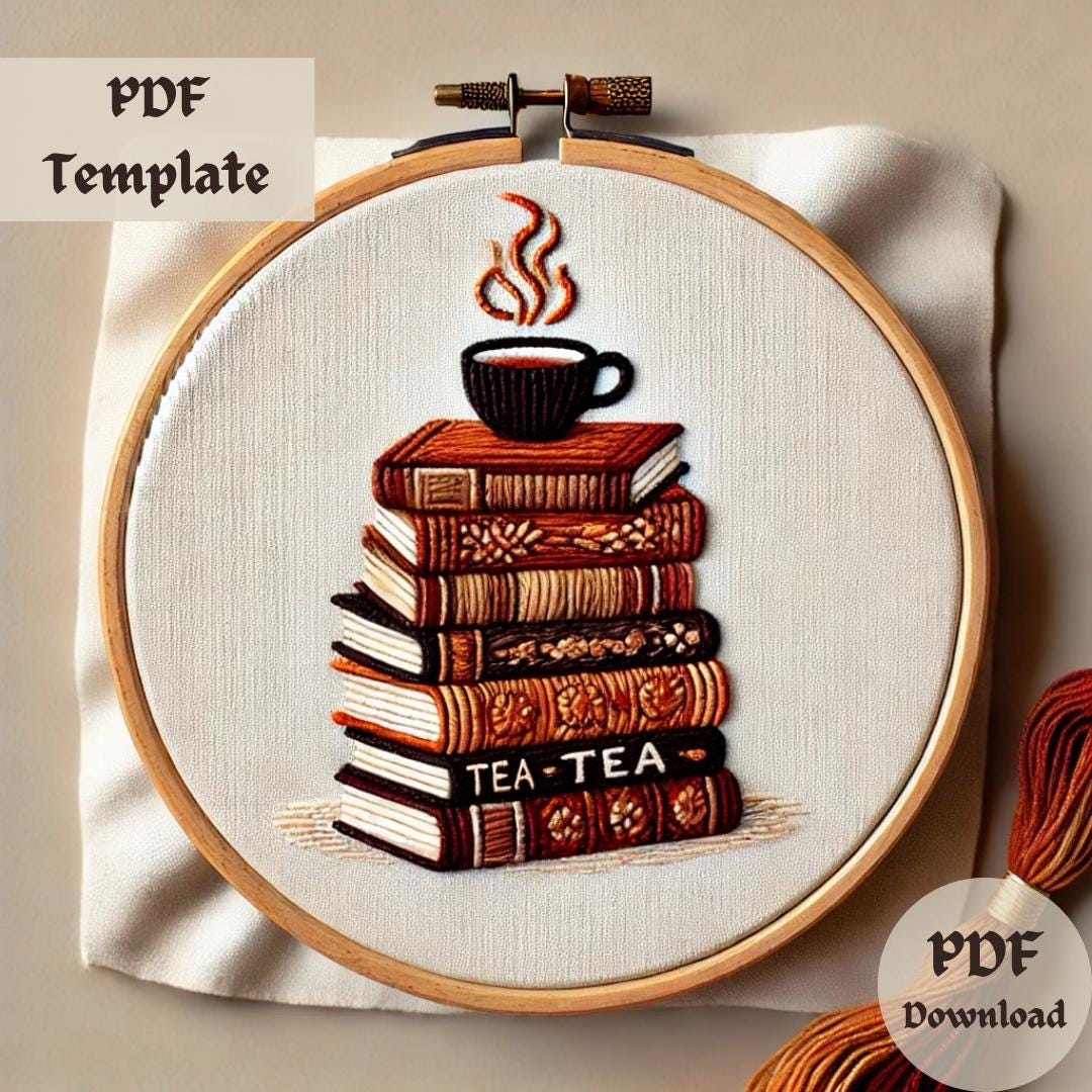 Stacked Books Autumn Embroidery Pattern, Cozy Reading Hand Embroidery ...