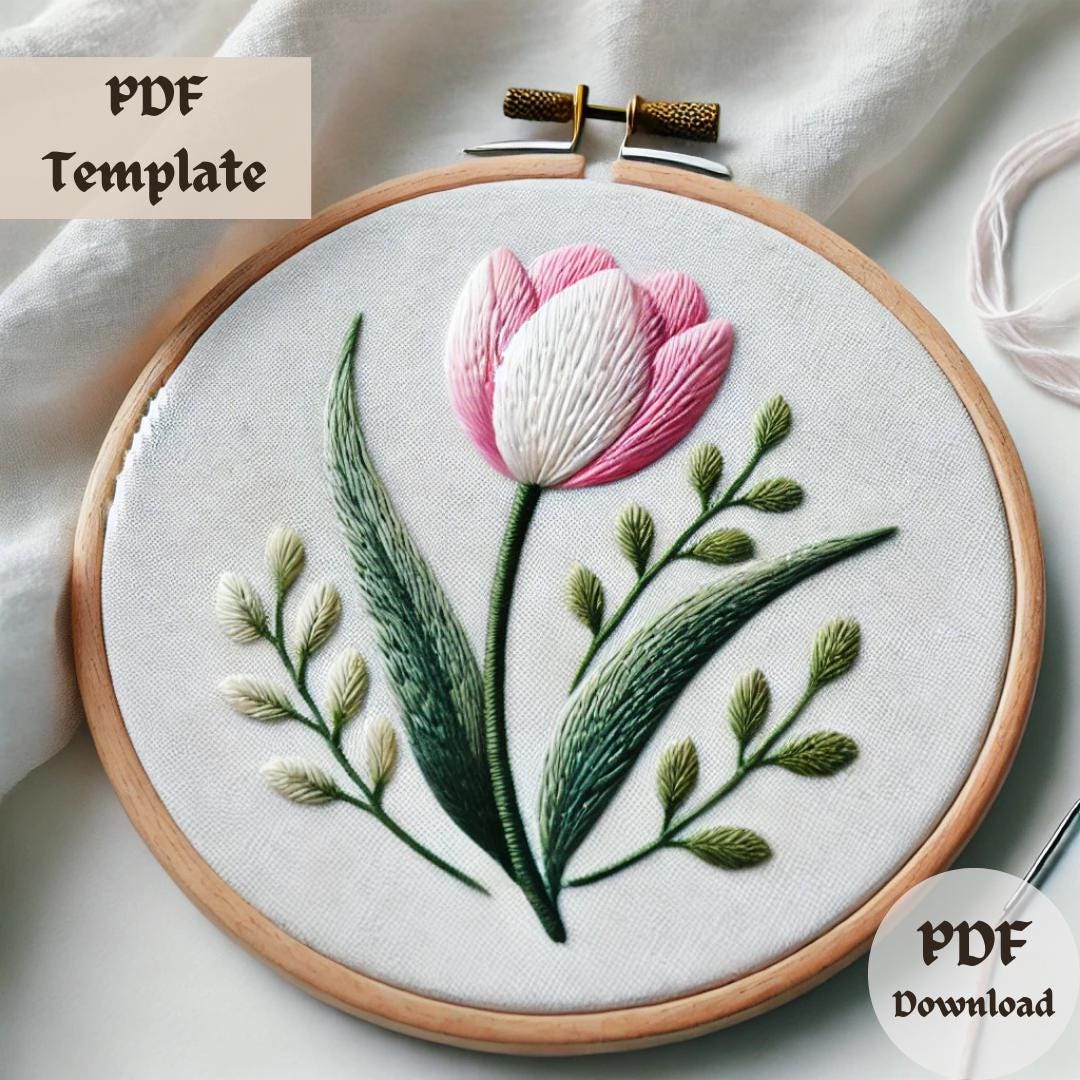 Pink Tulip Embroidery Pattern, Elegant Floral Hand Embroidery PDF ...