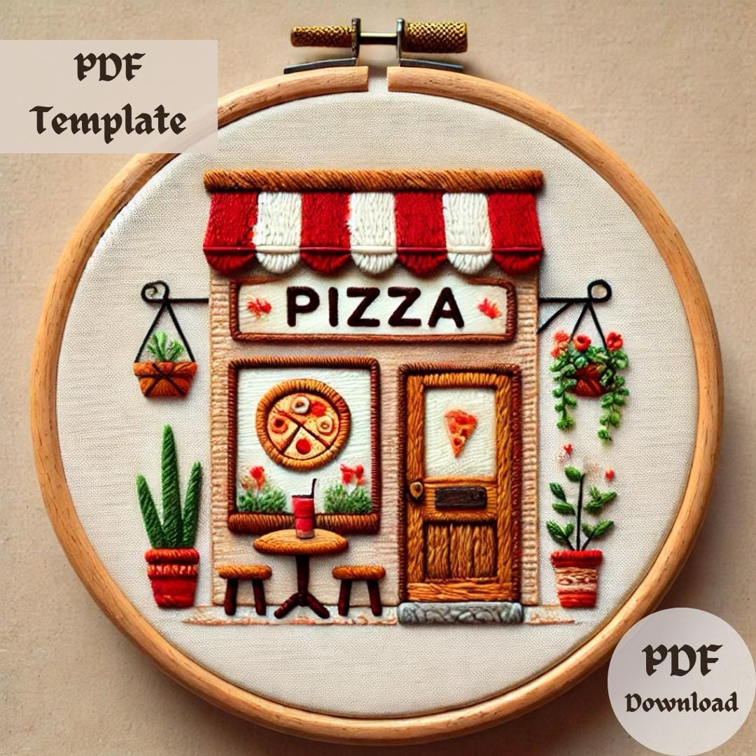 Pizza Shop Embroidery Pattern, Whimsical Hand Embroidery PDF, Cozy Cafe ...