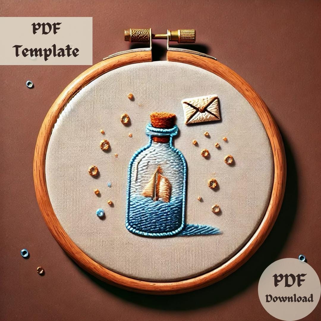Ship in a Bottle Embroidery Pattern, Nautical Hand Embroidery, Ocean ...
