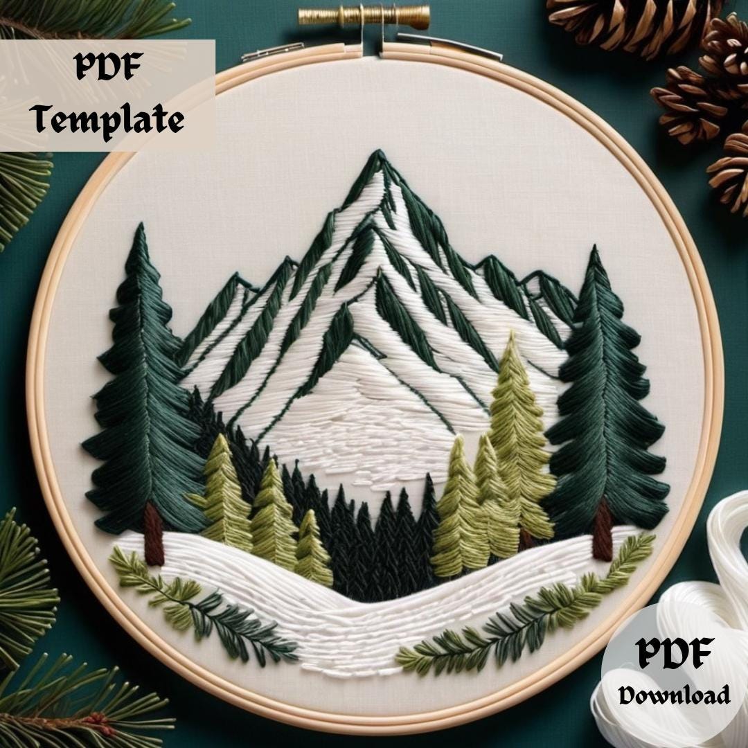 Snowy Mountain Embroidery Pattern, Winter Landscape Hand Embroidery ...