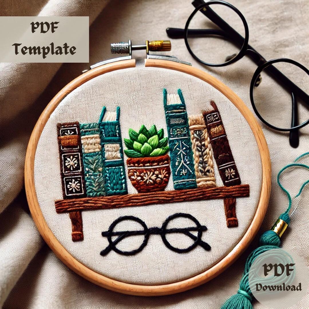 Bookshelf Hand Embroidery Pattern, DIY Book Embroidery, Book Lover's ...