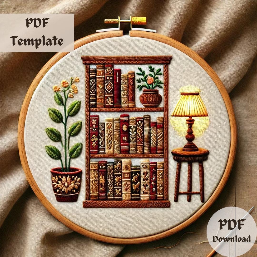 Bookshelf Hand Embroidery Pattern, DIY Book Embroidery, Book Lover's ...