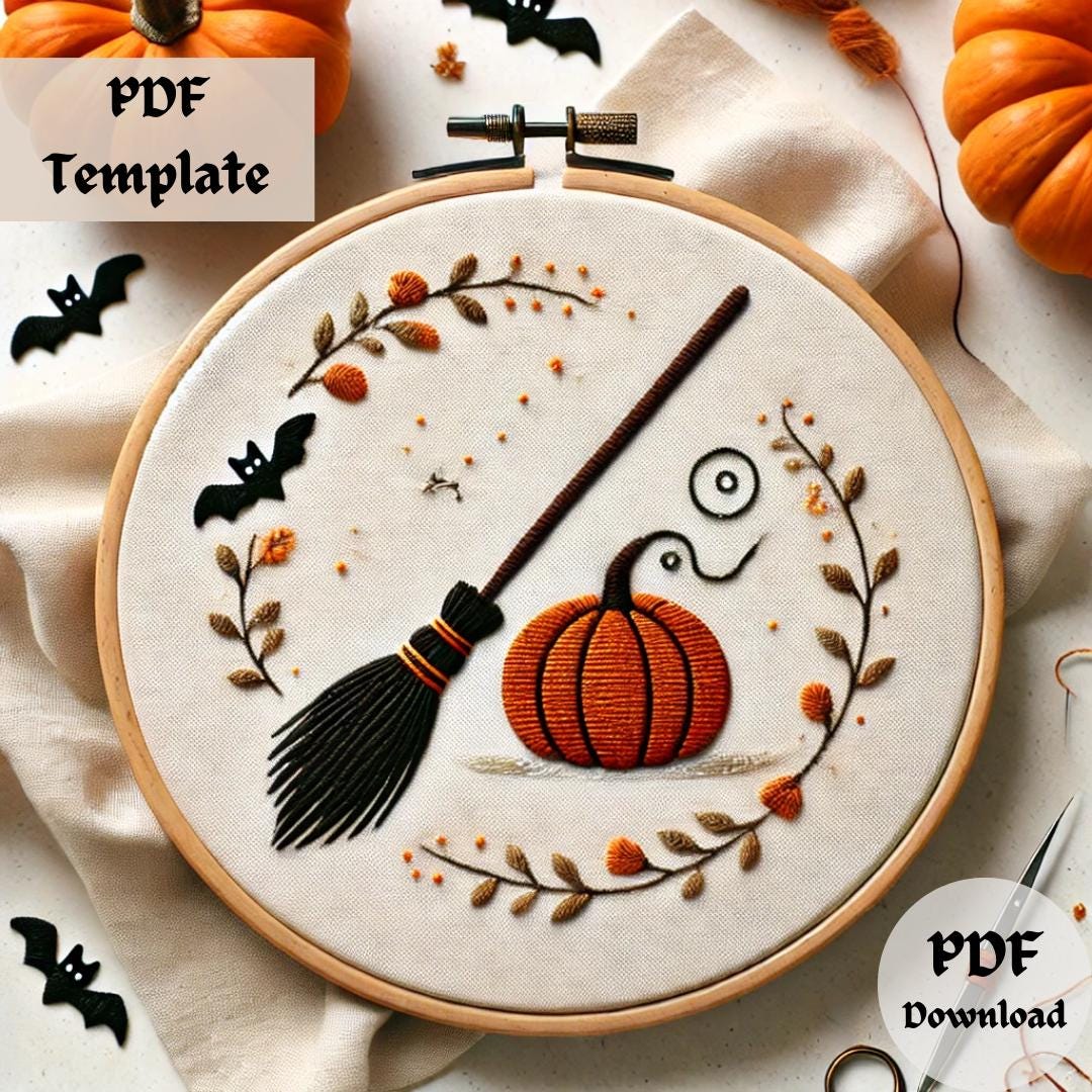 Halloween Witch Broom Embroidery Pattern, Spooky & Magical Hand ...