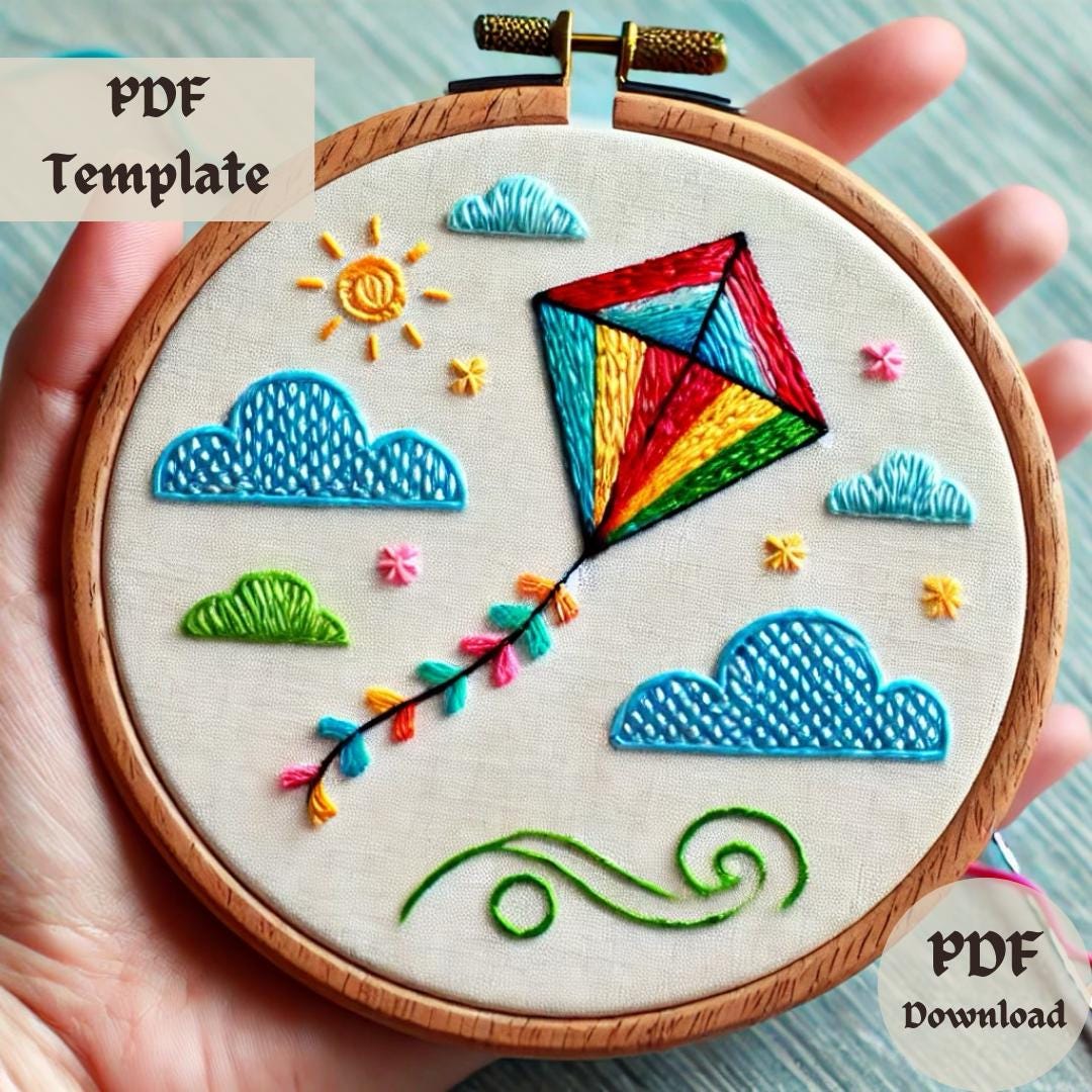 Colorful Kite Embroidery Pattern, DIY Hand Embroidery PDF, Whimsical ...