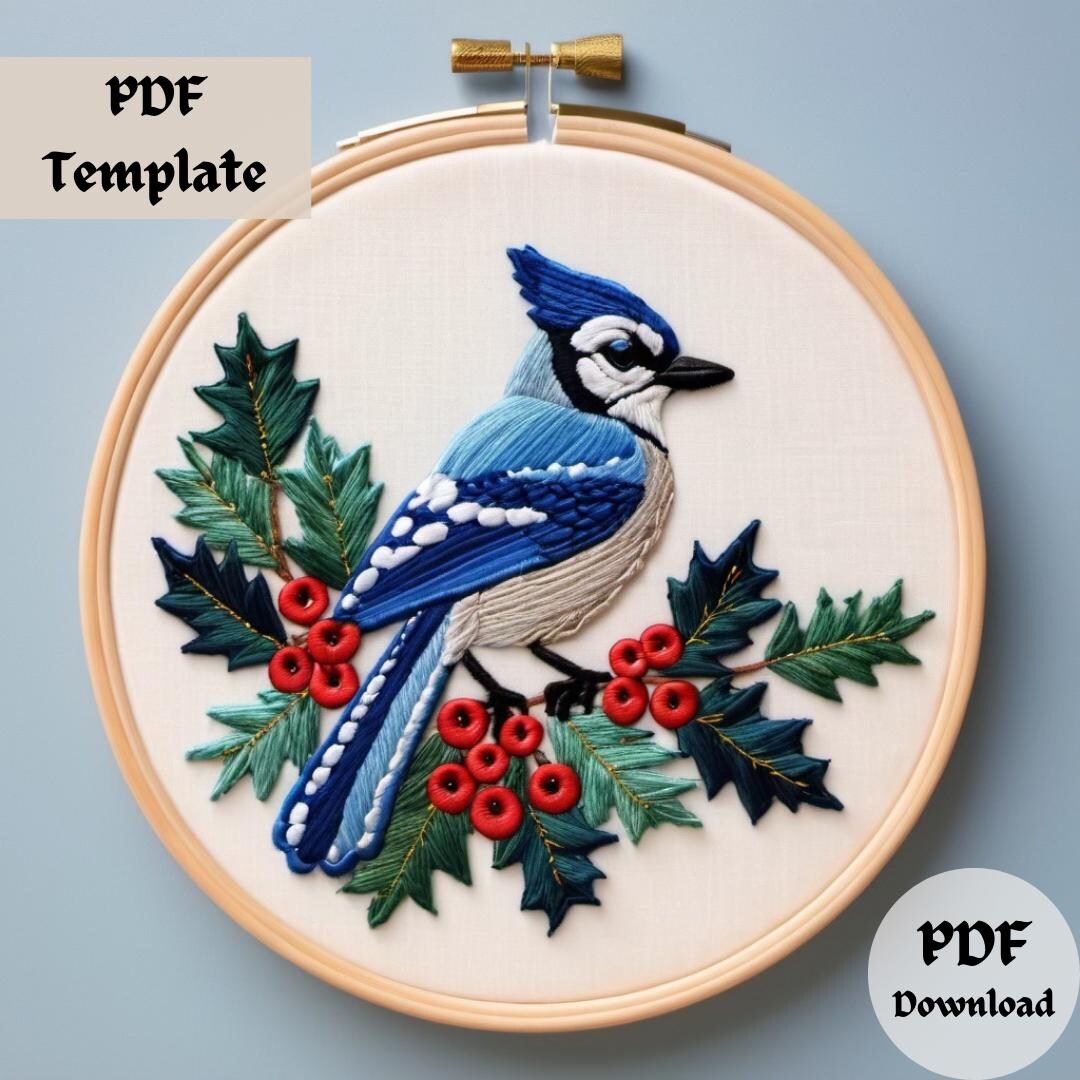 Christmas Blue Jay Bird Embroidery Pattern, Hand Embroidery Design ...