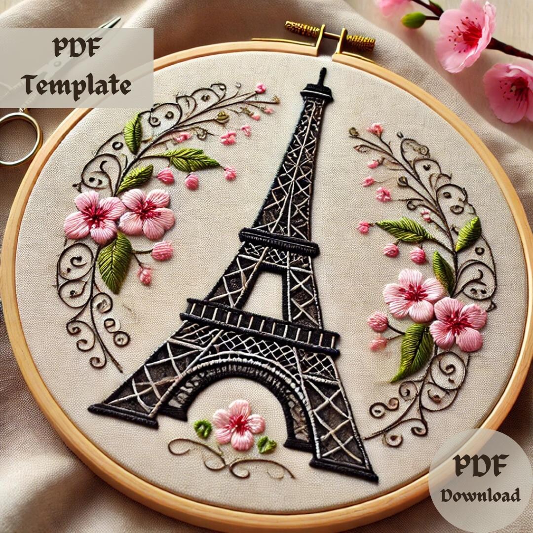 Eiffel Tower Embroidery Pattern, Paris Landmark Hand Embroidery Design ...