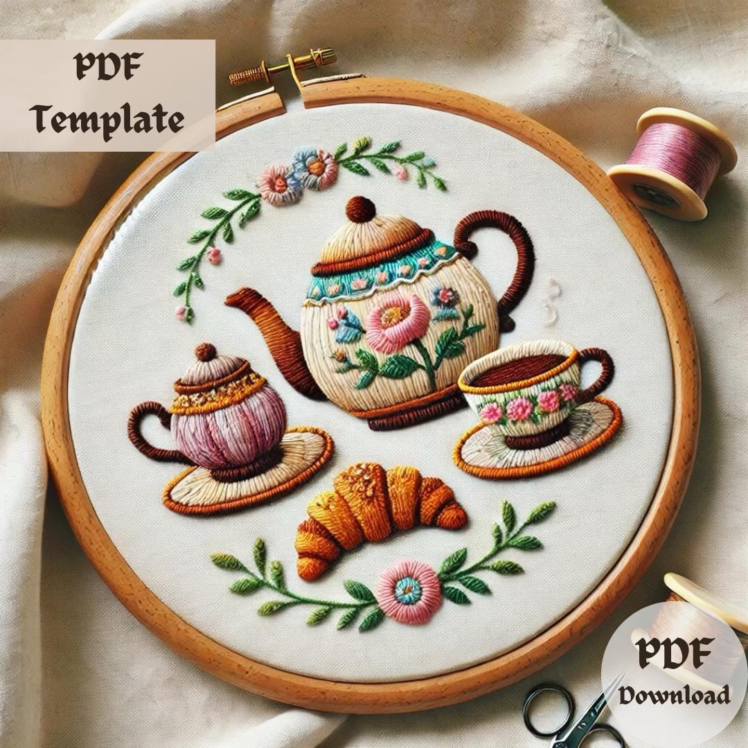 Tea Party Embroidery Pattern, Floral Teapot Hand Embroidery, Teacup ...