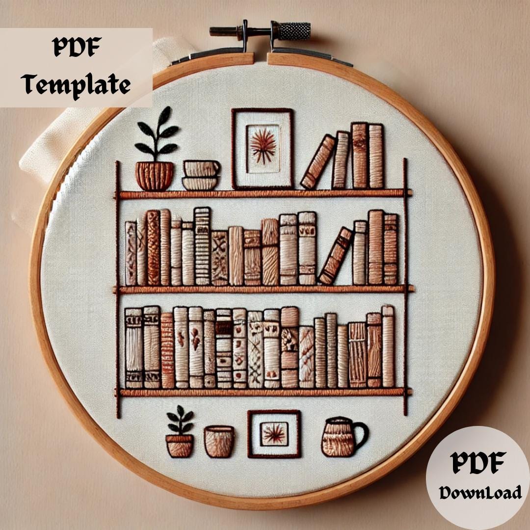 Bookshelf Hand Embroidery Pattern, DIY Book Embroidery, Book Lover's ...