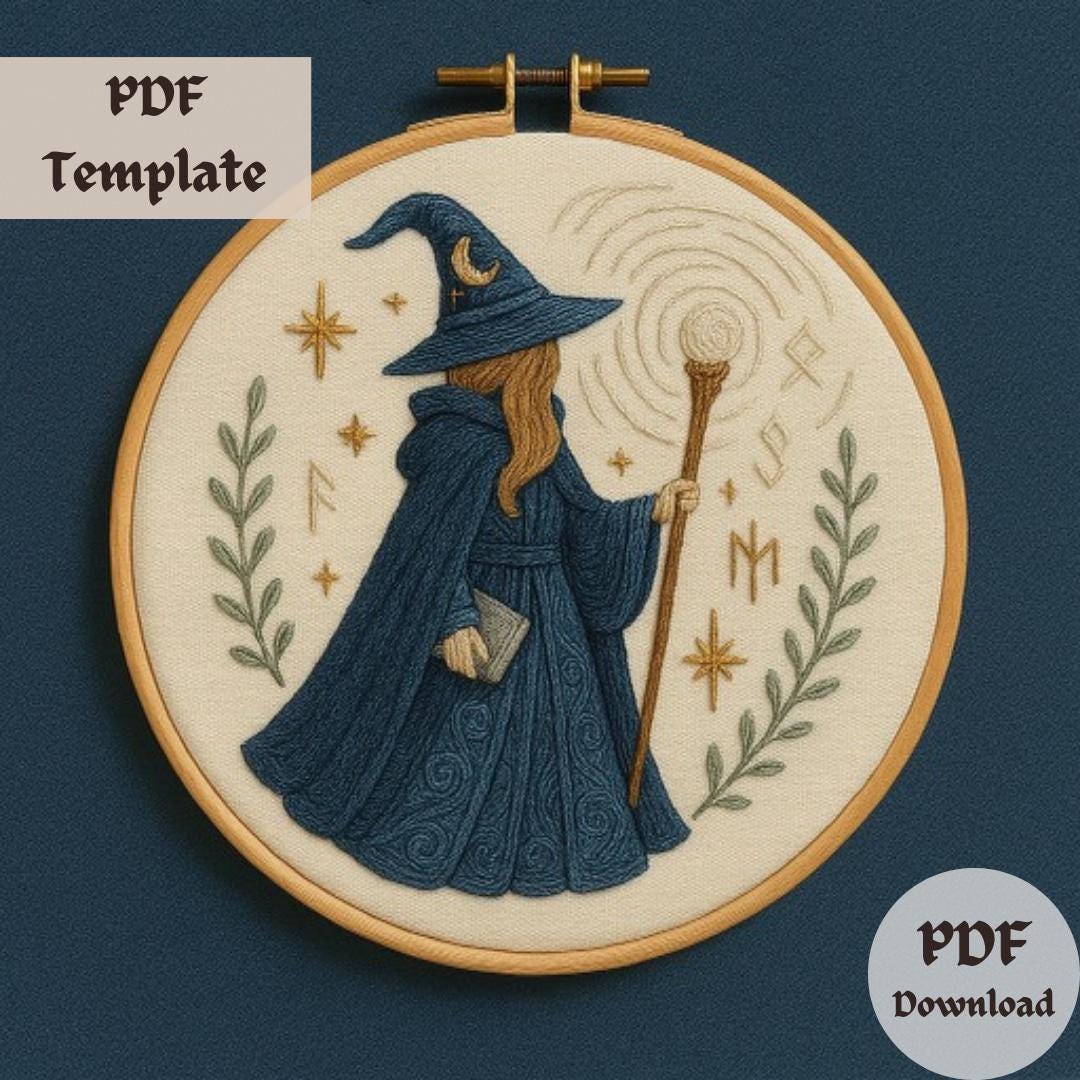 Witch Embroidery Pattern, Magical Wizard Hand Embroidery PDF, Celestial ...