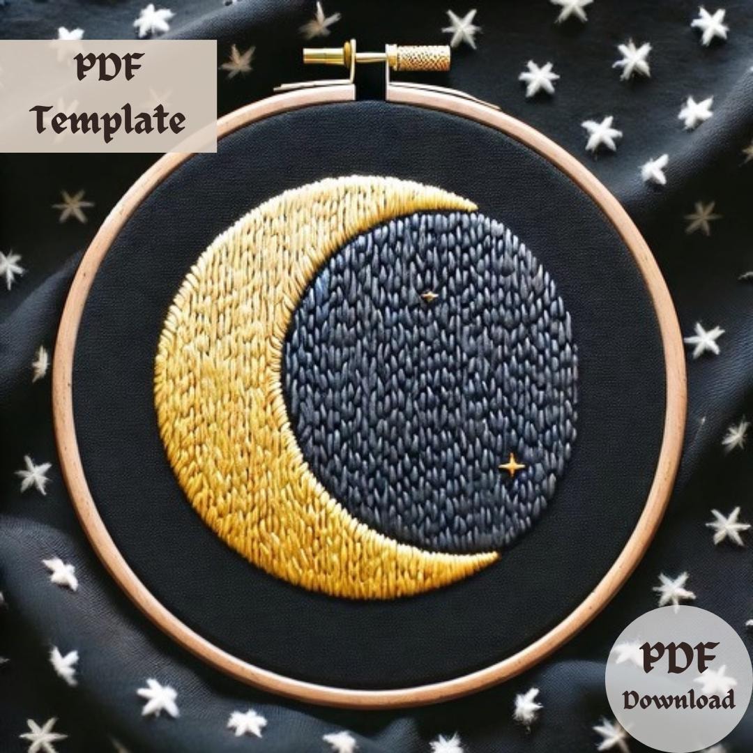 Crescent Moon Embroidery Pattern, Celestial Moon Hand Embroidery, Lunar ...