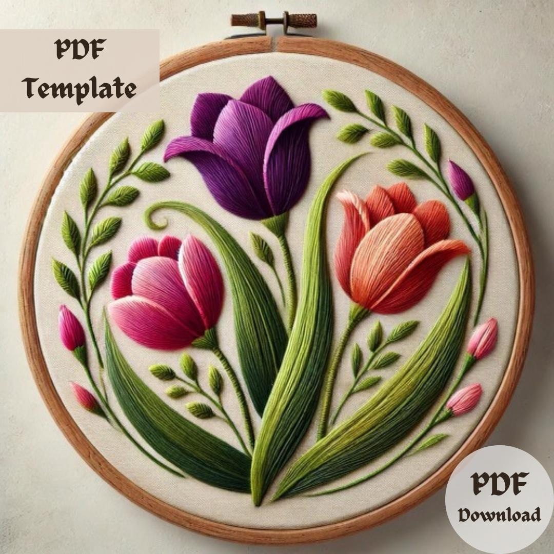 Tulip Embroidery Pattern, Elegant Colourful Floral Hand Embroidery PDF ...