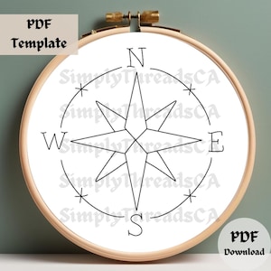 Compass Rose Embroidery Pattern, Travel Decor Hand Embroidery ...