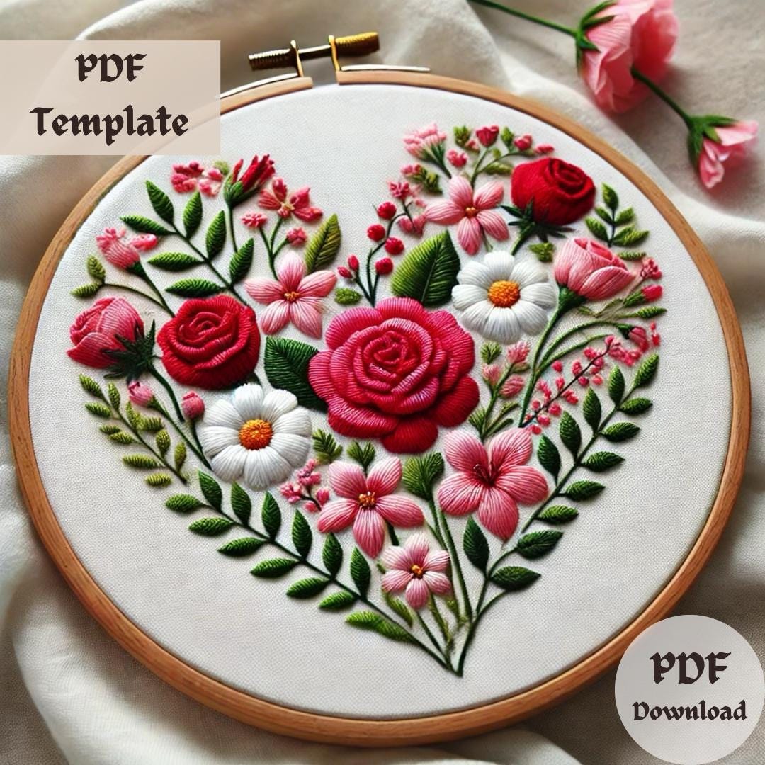 Floral Heart Embroidery Pattern, Rose and Blossom Stitch PDF, Botanical ...