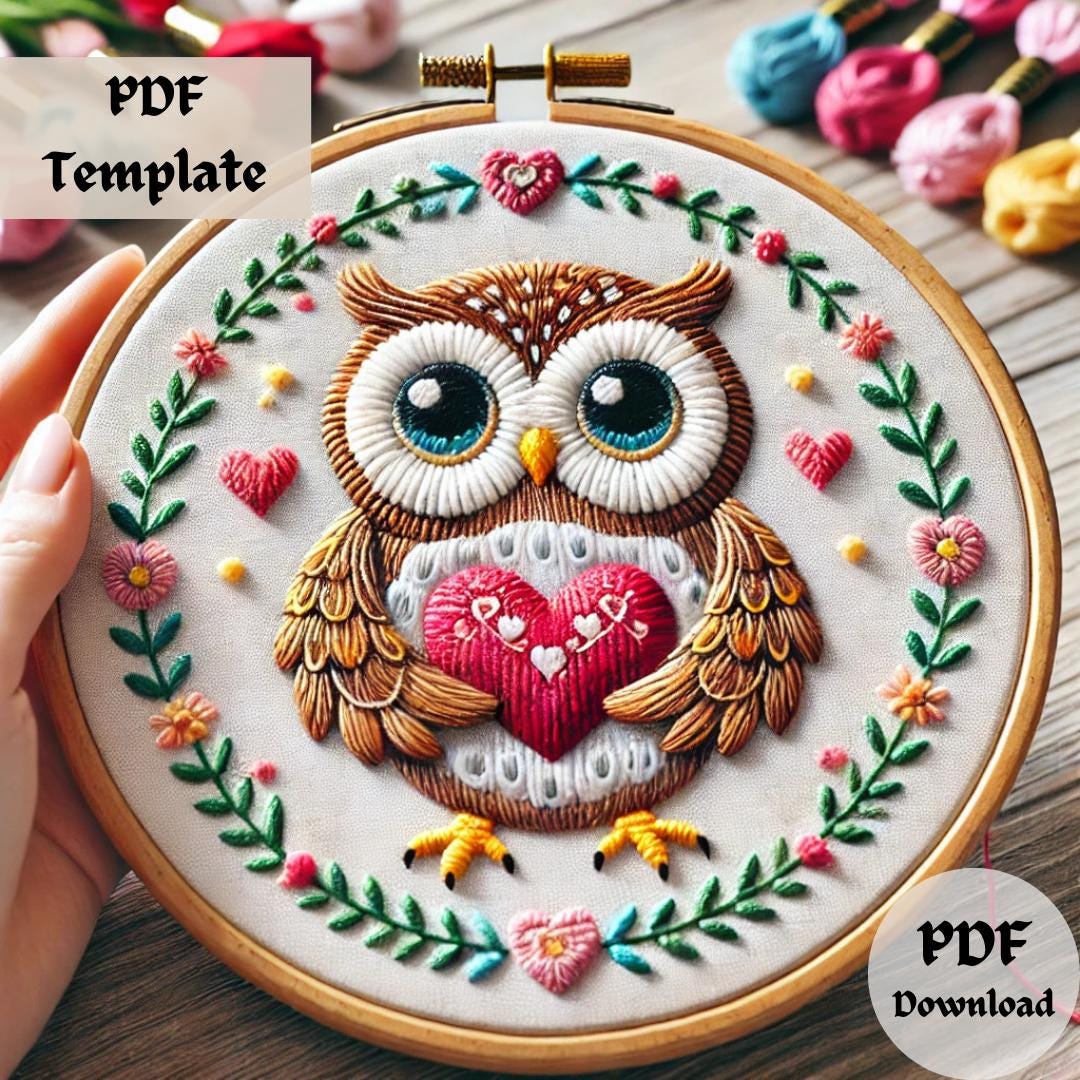 Valentines Love Owl Embroidery Pattern, Romantic Owl Holding Heart Hand ...