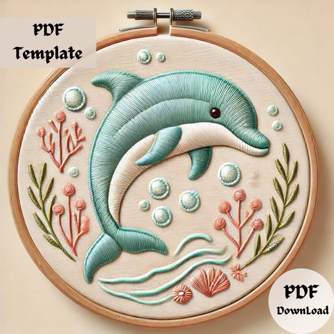Dolphin Embroidery Pattern, Ocean Dolphin Hand Embroidery, Marine Life ...