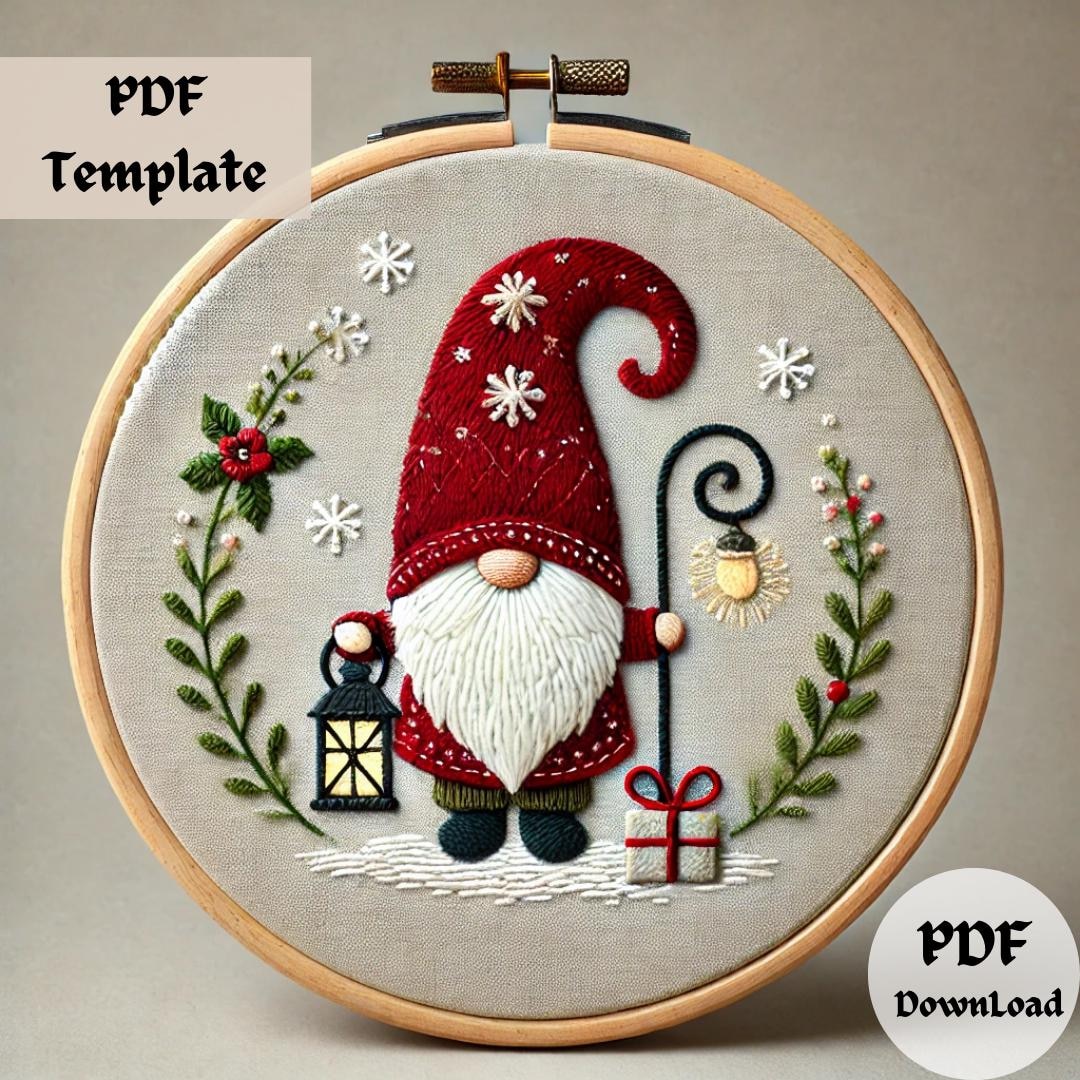 Gnome Embroidery Pattern PDF, DIY Whimsical Gnome Design, Winter Hand ...