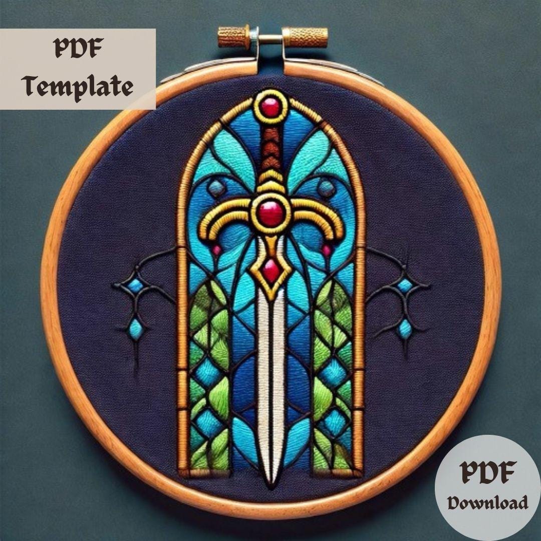 Stained Glass Sword Embroidery Pattern, Fantasy Medieval Weapon Hand ...