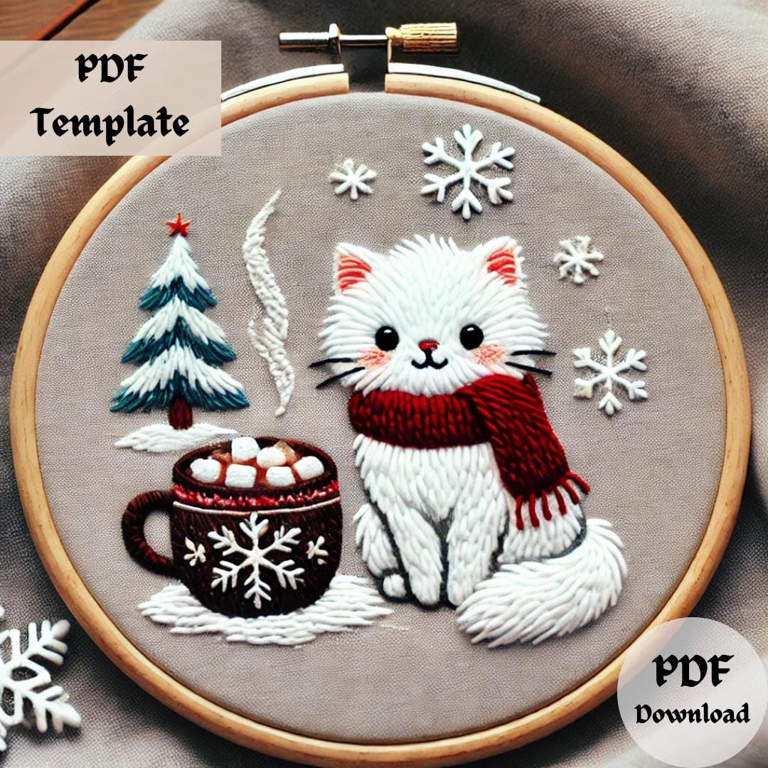Hot Chocolate Cat Embroidery Pattern, Adorable Cat With Hot Cocoa Hand ...