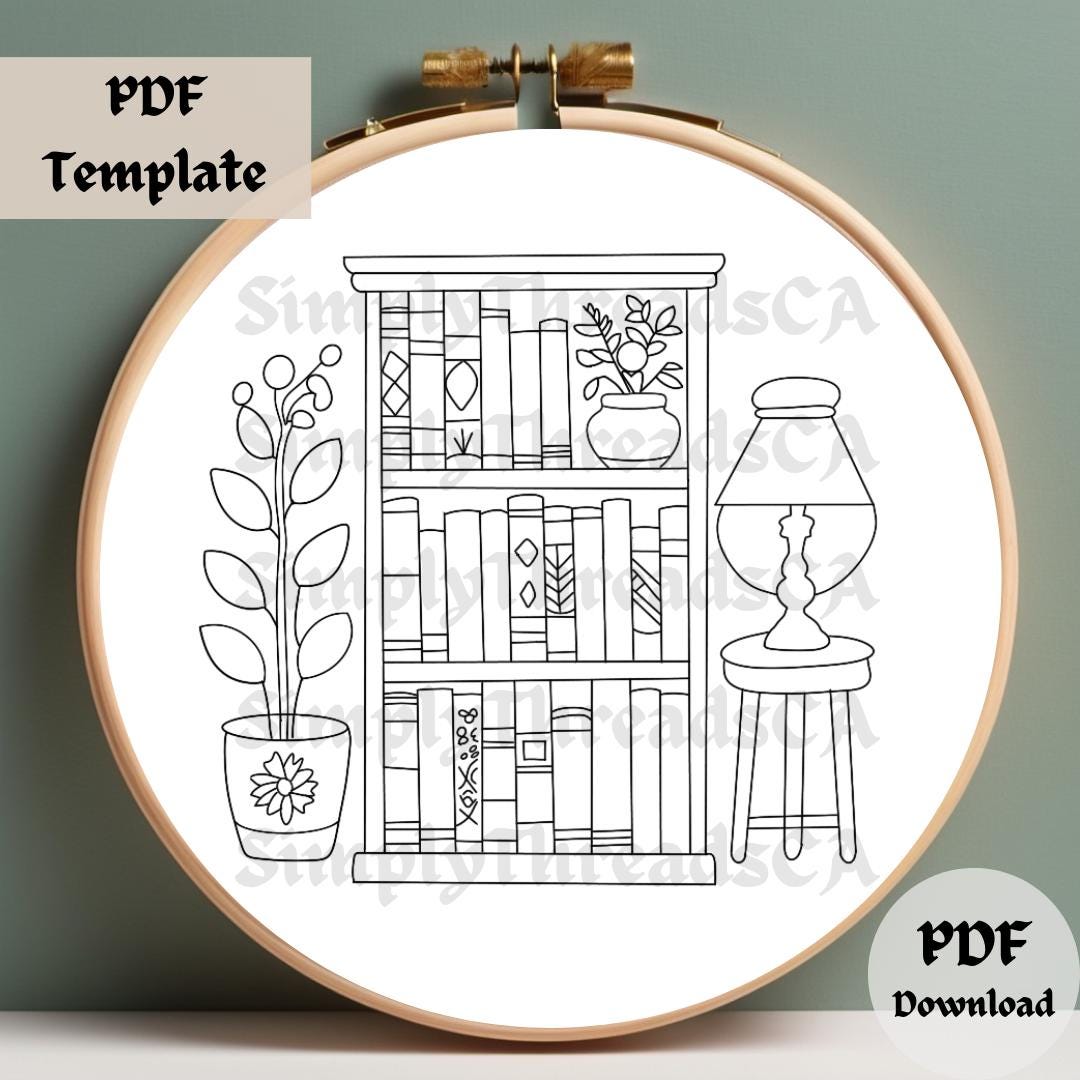 Bookshelf Hand Embroidery Pattern, DIY Book Embroidery, Book Lover's ...