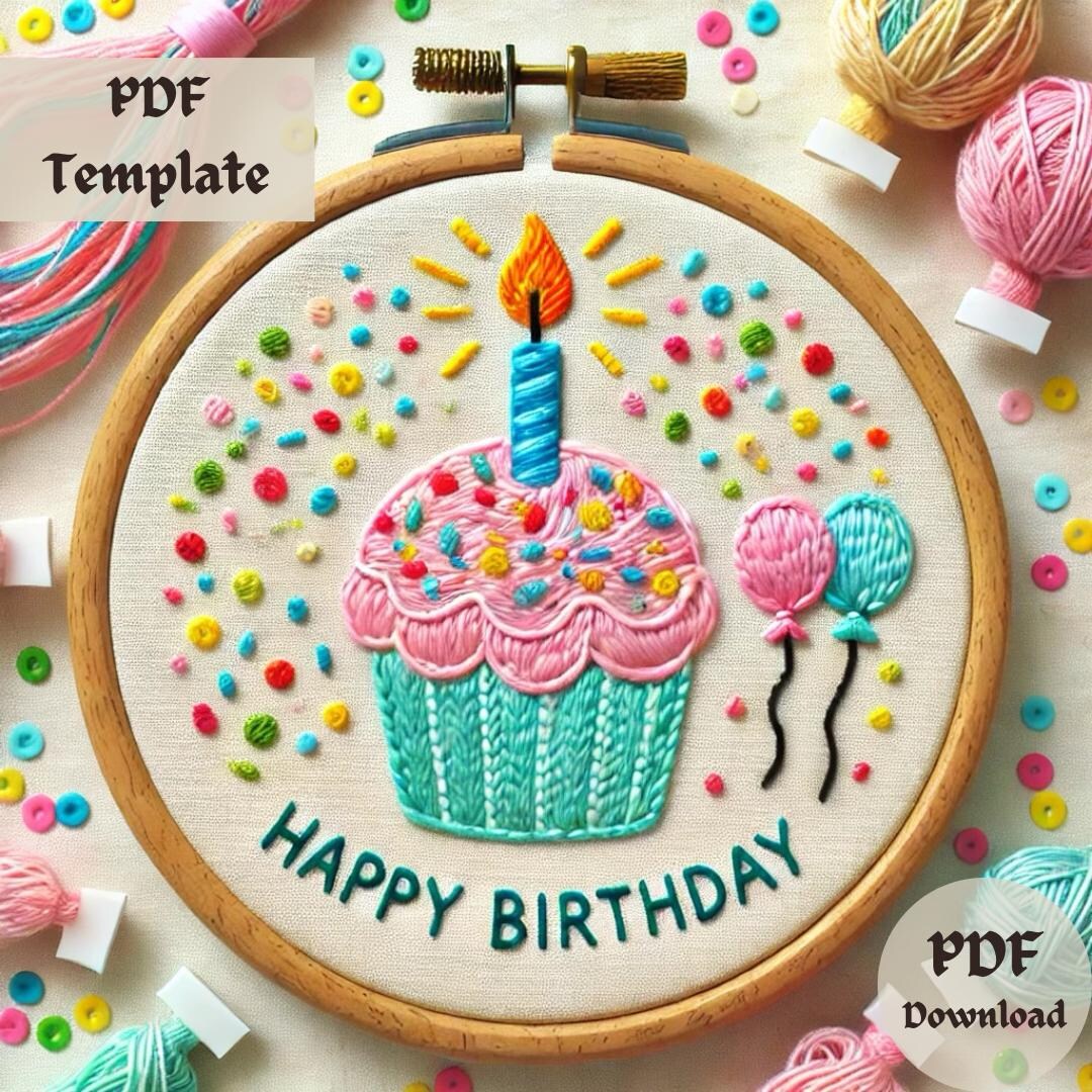 Cupcake Embroidery Pattern, Celebration Hand Embroidery, Festive ...