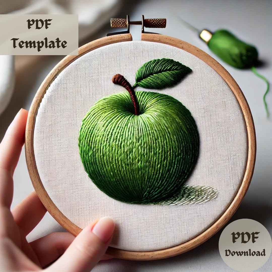 Green Apple Embroidery Pattern, Fruit Hand Embroidery Design, DIY ...