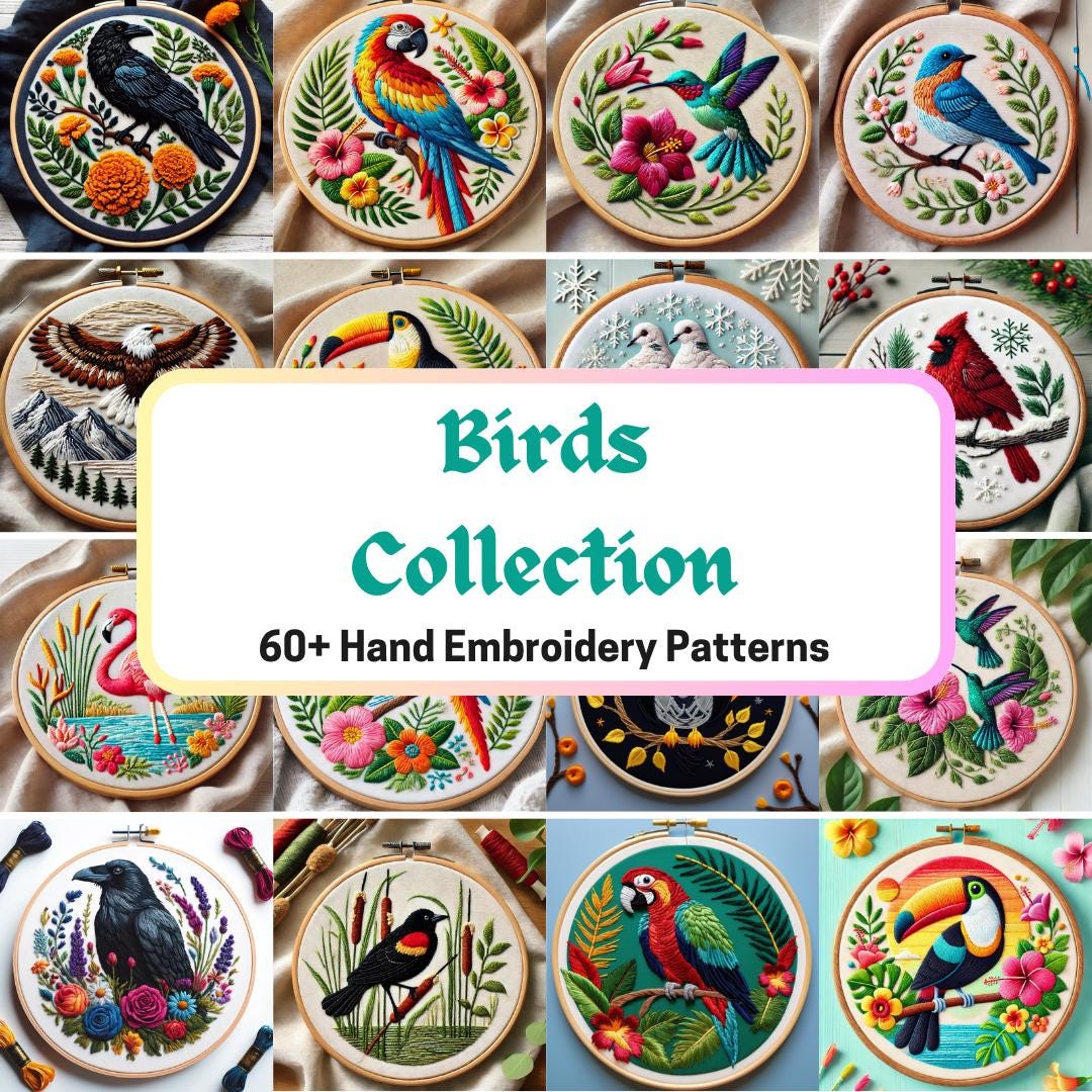 Birds Hand Embroidery Pattern Collection, Avian Embroidery Designs ...