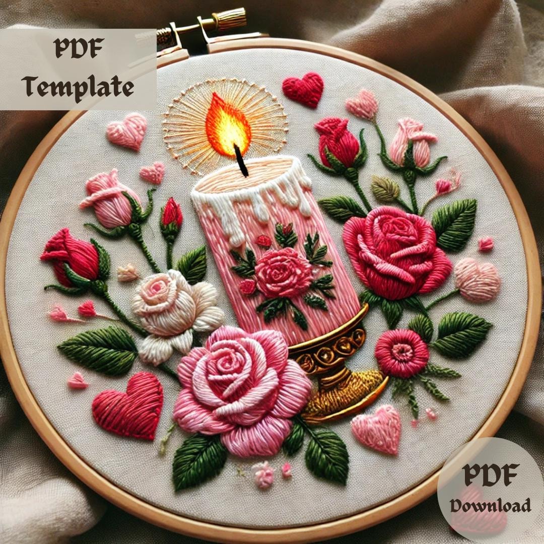 Pink Candle and Rose Embroidery Pattern, Whimsical Floral Hand ...