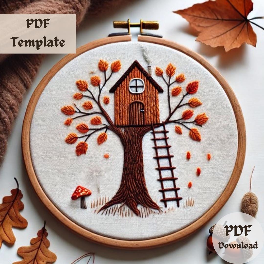 Treehouse Hand Embroidery Pattern, Autumn Tree With Leaves Hand ...