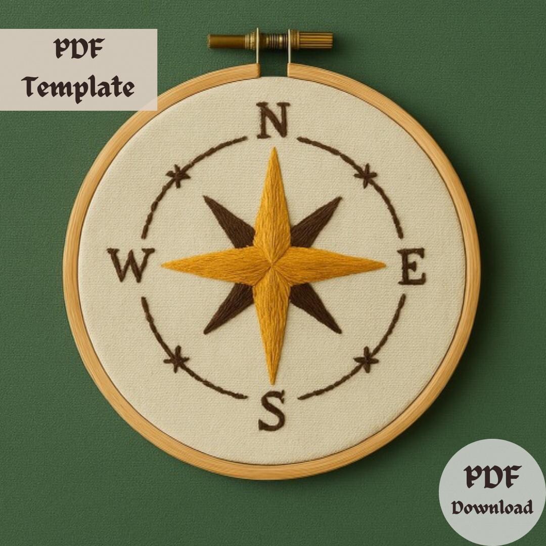 Compass Rose Embroidery Pattern, Travel Decor Hand Embroidery ...