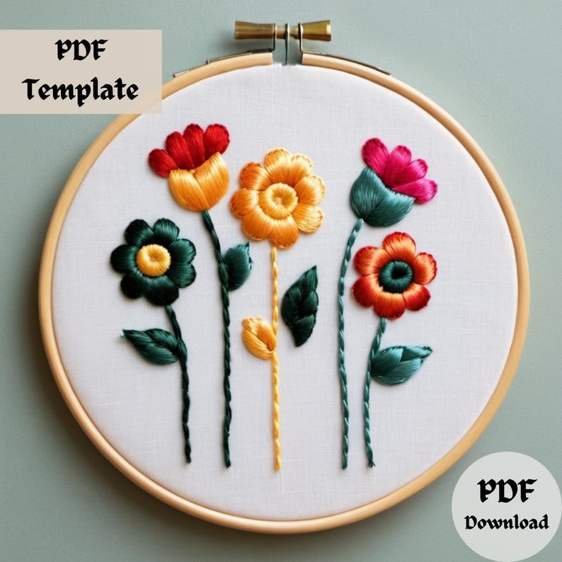Colorful Flowers Embroidery Pattern, Vibrant Floral Hand Embroidery ...