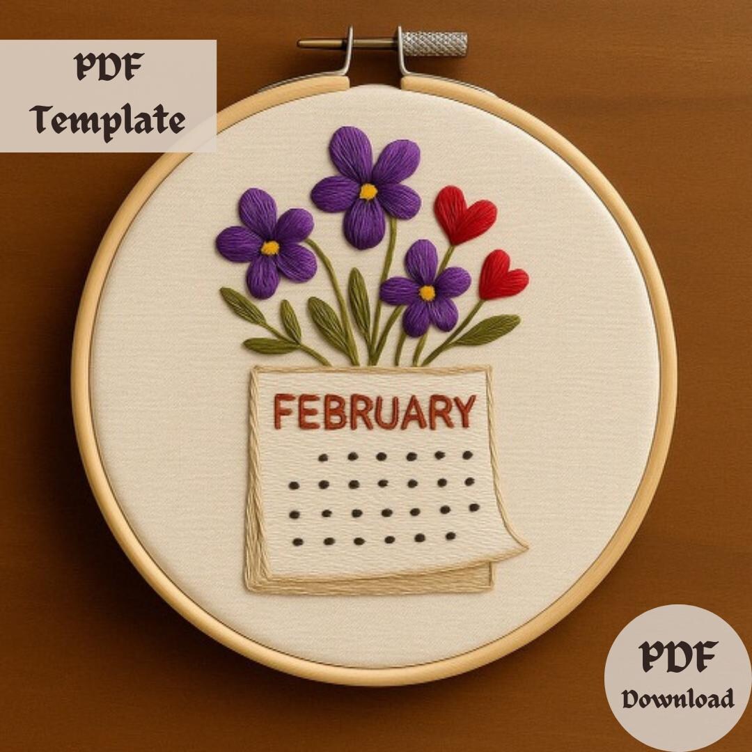 February Calendar Embroidery Pattern, Monthly Hand Embroidery Design ...