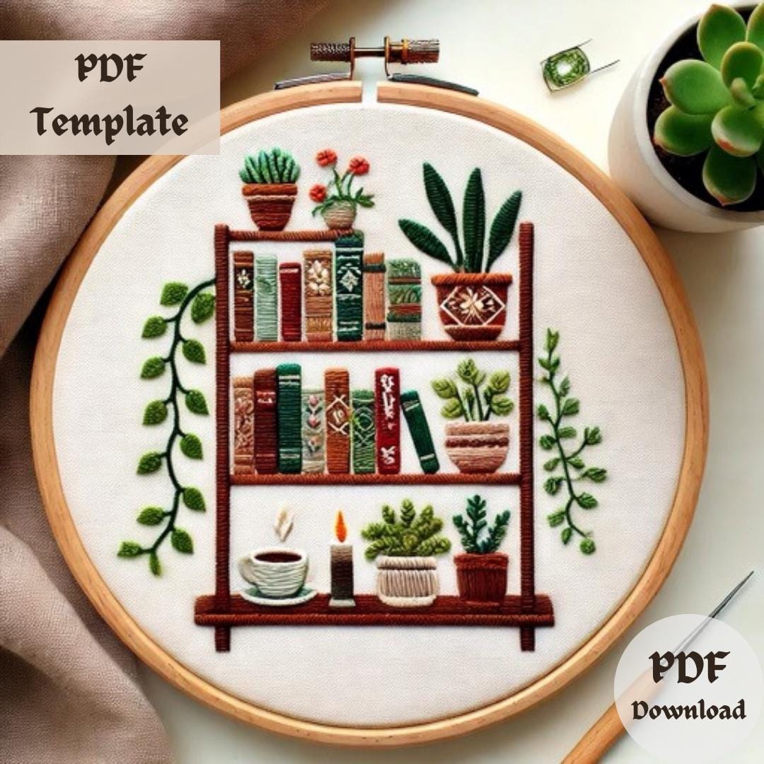 Bookshelf Embroidery Pattern, Cozy Hand Embroidery PDF, Book Lover ...