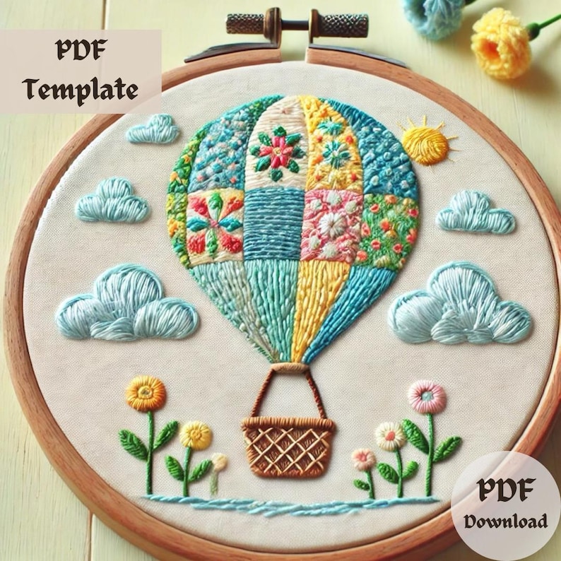 Patchwork Hot Air Balloon Embroidery Pattern, Whimsical Hand Embroidery ...