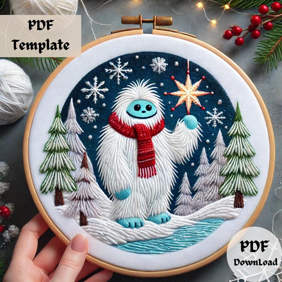 Yeti Embroidery Pattern – Fun Winter DIY Stitching Template, Cute ...