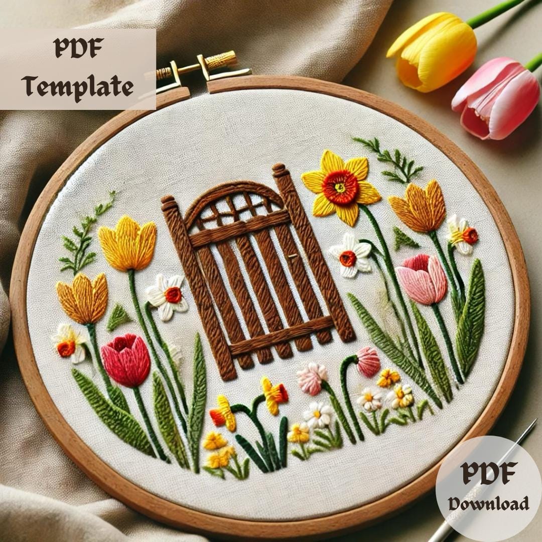 Floral Garden Gate Embroidery Pattern, Hand Embroidery PDF, Spring ...