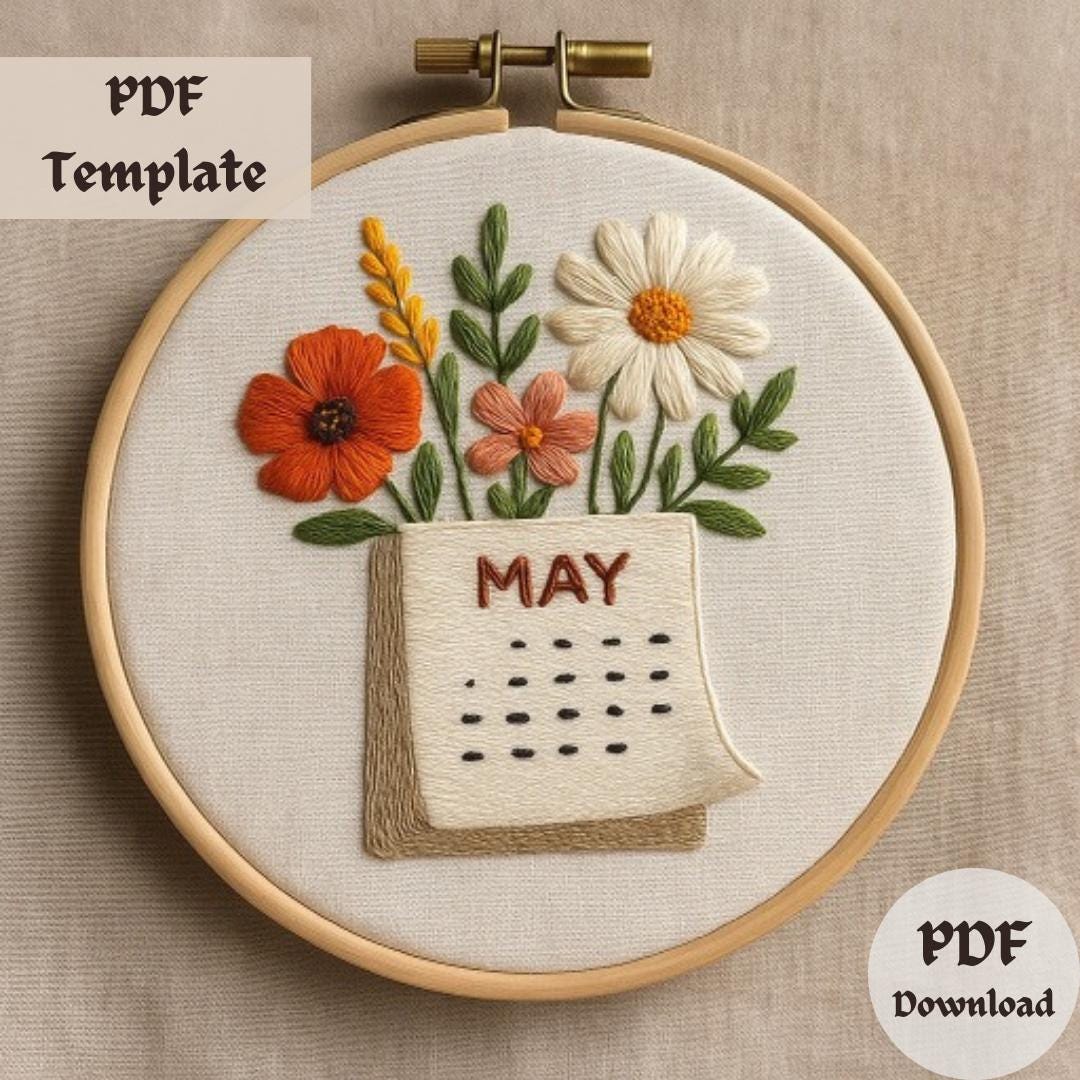 May Calendar Hand Embroidery Pattern, Spring Floral Hand Embroidery PDF ...