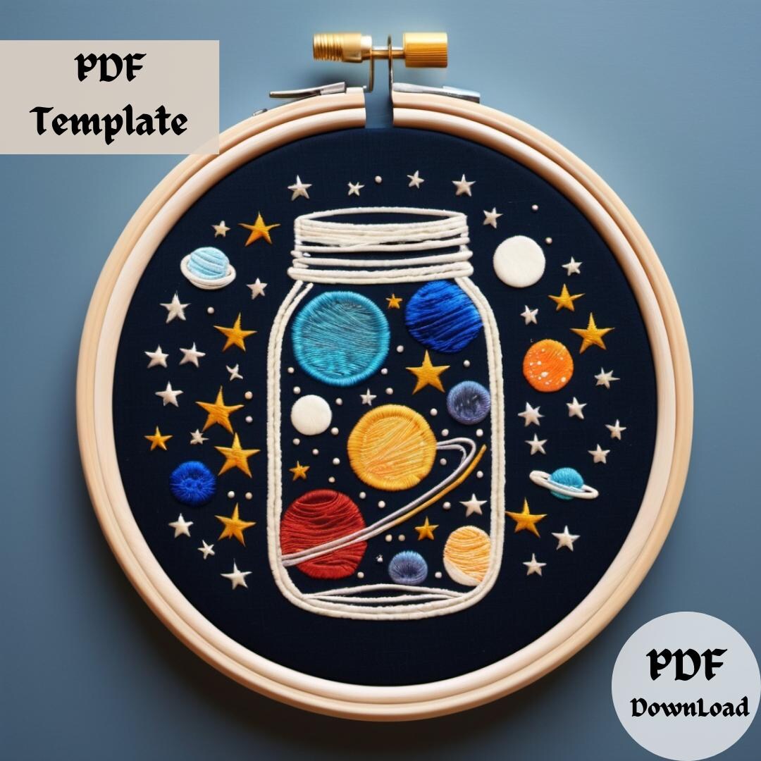 Galaxy in a Jar Embroidery Pattern, Planets and Stars Hand Embroidery ...