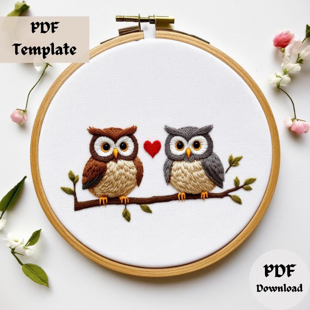 Two Small Owls With Heart Embroidery Pattern, Adorable Owl Love Hand ...