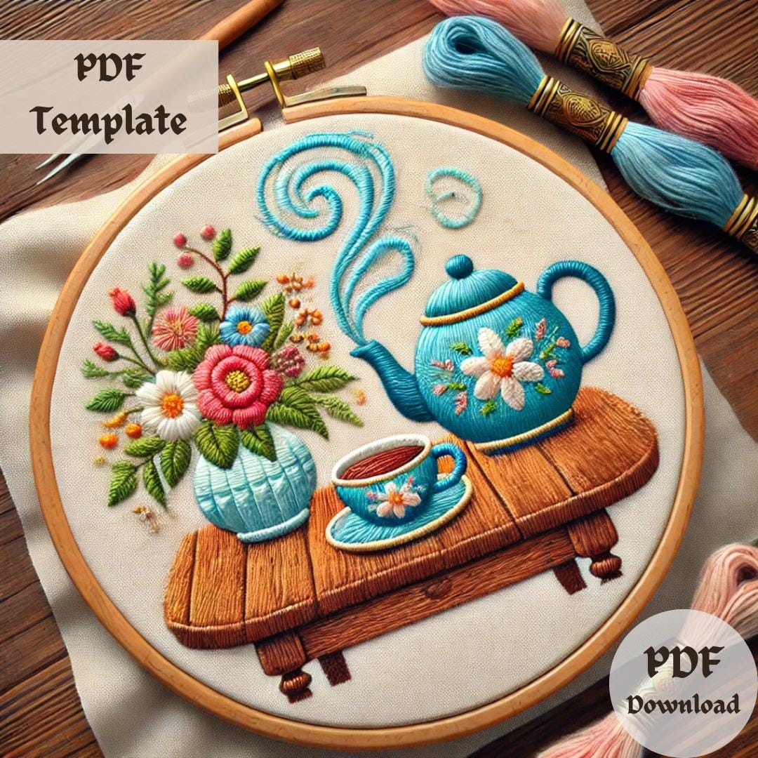 Tea Party Table Embroidery Pattern, Elegant Hand Embroidery PDF ...