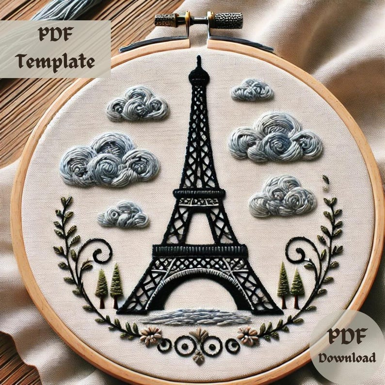 Eiffel Tower Embroidery Pattern, Paris Landmark Hand Embroidery Design ...